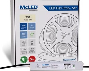 McLED LED pásek - sada 5 m, 240 LED/m, WW, 6 W/m, DC 24V, 500 lm/m, CRI90, IP67, 10 mm, vodič 3 m ML-126.034.90.S05001