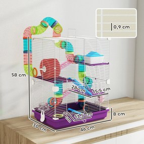 Klec pro křečky PawHut, 4 úrovně s tunely, krmítkem, kolem, domkem a žebříky, rozměry 46D x 30Š x 58V cm, fialová