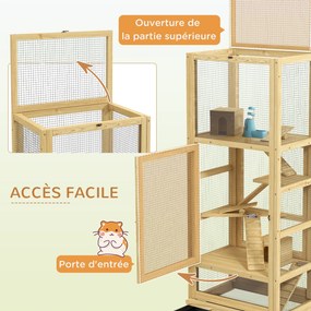 Klec pro křečka nebo myš PawHut, dřevěná pro malá zvířata, 5 úrovní s žebříkem, domeček, houpačka, odnímatelný tác, dávkovač vody, 54 x 38 x 131 cm, …