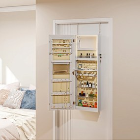 HOMCOM šperkovnice s LED, zamykatelný organizér na stěnu / dveře se zrcadlem, 37 x 10,5 x 108 cm, bílá