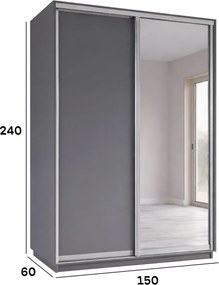 Skříň s posuvnými dveřmi 1500x2400x600 1LTD 1 Zrcadlo grafit šedý, profil stříbrný