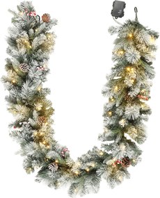 HOMCOM Vánoční girlanda s 216 větvičkami posypanými sněhem, 50 LED světýlek, Ø25x180 cm, zelená & bílá