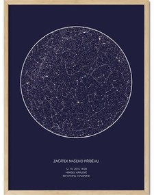 Hvězdná mapa Vašeho životního okamžiku Rozměr plakátu: 30 x 40 cm, Barva pozadí: Tmavě modrá, Volba rámu: Lípa dřevěný rám
