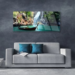 akrylový obraz Loď Jezero Skály Krajina 125x50 cm