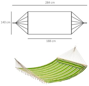 Outsunny Houpací síť pro 2 osoby s podhlavníkem, bavlna 240g/㎡, nosnost 180 kg, zelená pruhovaná, 188 x 140 cm