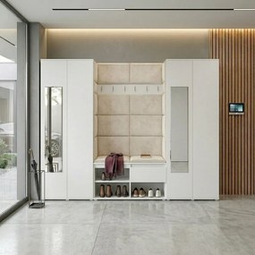Předsíňová stěna Trinity 10 s čalouněnými panely, 280 cm, bílá / krémově bílá