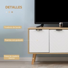 HOMCOM Moderní televizní stolek s 2 dvířky a 2 policemi pro televize do 116 cm pro ložnici 110x39x48,8 cm Přírodní a bílý