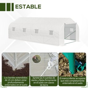 Zahradní skleník Outsunny 6x3x2 m tunelového typu pro pěstování zeleniny se 8 ventilovanými okny a roll-up zipovým vchodem - ocelový bílý
