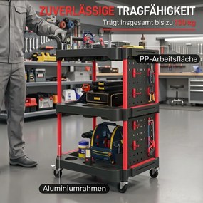 HOMCOM Vozík na nářadí se 3 úrovněmi, děrovanou stěnou a háčky, pojízdný dílenský vozík s brzdami, černá/červená