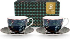 Pip Studio Berry Blues sada 2ks šálků s podšálky 270ml, modré (sada 2ks cappuccino šálků s podšálky)