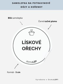 LÍSKOVÉ OŘECHY MLETÉ – bílá samolepka na dózu, tučné písmo, 5 cm | DomaLEP