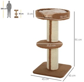 PawHut škrabadlo s odnímatelným polštářem, do 30 kg, škrabadlo, kočičí strom s plošinou, stabilní, sisal, světle hnědá, 45x45x91cm| Aosom