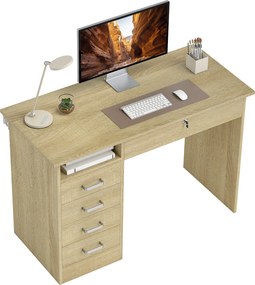 HOMCOM Moderní psací stůl s 5 zásuvkami, velkou deskou, 1 otevřenou přihrádkou, zamykatelnou zásuvkou, 110 x 50 x 76 cm, dub