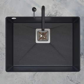 Sink Quality Argon 60, kuchyňský granitový dřez 550x420x225 mm + chromový sifon, černá, SKQ-ARG.C.1KBO.60.X