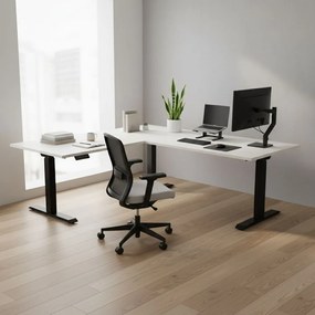 Výškově nastavitelný stůl OfficeTech Angle, 180 x 200 cm, černá podnož, bílý jasan