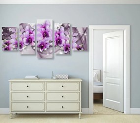 5-dílný obraz fialové květy na abstraktním pozadí - 200x100 cm