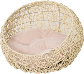 PawHut Kočičí Postel z Ratanového Doupěte s Polštářem Kočka Košík Psí Postel Odpočinkové Místo pro Psy a Kočky Béžová Ø56 x 35 cm | Aosom