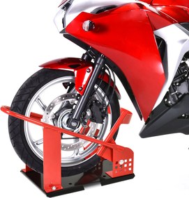 HOMCOM Univerzální motoservisní stojan s nastavitelnou délkou, gumovými koncovkami a kovovou konstrukcí, nosnost 450 kg pro údržbu, červený
