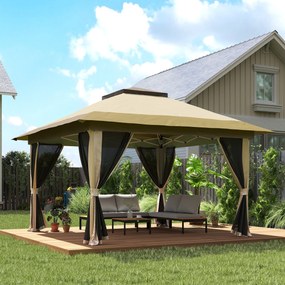 Outsunny skládací altán 3,6x3,6 m s síťovanými bočními stěnami, UPF50+, nastavitelná výška, rolovací taška a pytle s pískem, béžová