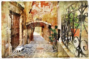 DIMEX | Samolepicí vliesová fototapeta na zeď Vintage řecká ulice MA-5-0735 | 375 x 250 cm | zelená, červená, hnědá, šedá