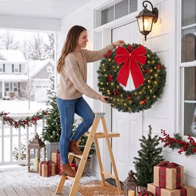 HOMCOM Vánoční věnec 60 cm, věnec na dveře s designem Crestwood borovice, mašle, 50 LED, 140 špiček větviček, 8 světelných režimů