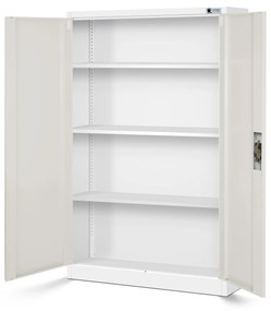 Plechová policová skříň KEVIN, 900 x 1400 x 400 mm, Eco Design: bílá/ dub sonoma