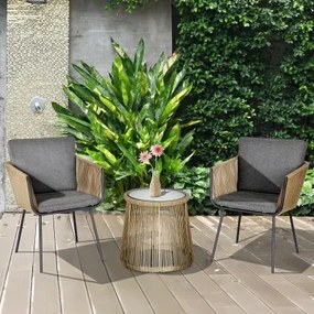 Outsunny 3dílná sedací souprava, 2 židle, odkládací stolek, sedací a opěrkové polštáře, tvrzená skleněná deska, umělý ratan, šedá