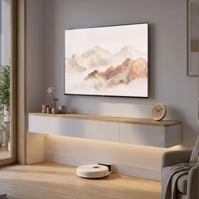 HOMCOM nástěnný TV nábytek pro TV do 165,1 cm s 2 zásuvkami, skříňkou, RGB LED osvětlením, zásuvkami, bílý a dřevěný