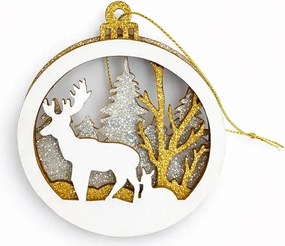 Dřevěná vánoční ozdoba jelen a les 8,5 cm, k zavěšení, bílá zlatá stříbrná