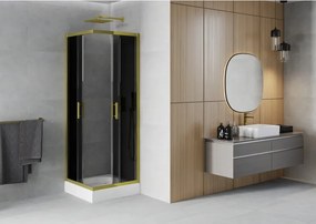 Mexen Rio, čtvercový sprchový kout s posuvnými dveřmi 70 (dveře) x 70 (dveře) x 190 cm, 5mm šedé sklo, zlatý profil + bílá sprchová vanička RIO, 860-070-070-50-40-4510