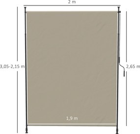 Boční markýza, montáž bez vrtání, výškově nastavitelná, s ruční klikou, kovový rám, písková barva, 2 x 2,15-3,05 m