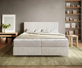 DELIFE Boxspring postel Dream-Well bouclé krémovo-bílá 180x200 cm s taštičkovou pružinovou matrací a visco topperem