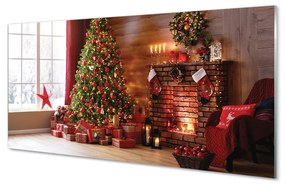 Obraz na skle Ozdoby na vánoční stromeček dárky ohniště 100x50 cm