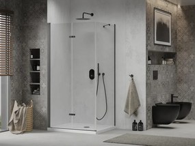 Mexen Lima, sprchový kout se skládacími dveřmi 90 (dveře) x 80 (stěna) cm, 6mm čiré sklo, černý profil + slim sprchová vanička bílá s černým sifonem, 856-090-080-70-00-4010B