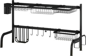 HOMCOM Sušák na nádobí, dvouúrovňový stojan na sušení nádobí, sušák o rozměrech 51-93 cm s háčky, odkapávač pro kuchyňský dřez, nerezová ocel, černý