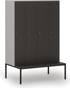 Dřevěná šatní skříňka S4 s lavičkou, 4 oddíly, 1871 x 1200 x 500/800 mm, demont, mechanický kódový zámek, šedá/grafit