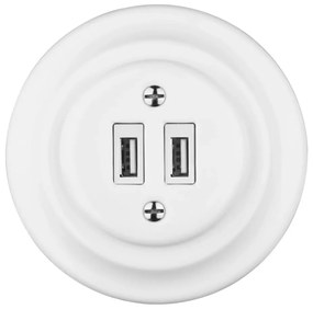 Bohemia-Design - Porcelánová retro USB napájecí zásuvka s rámečkem 2x USB-A bílá