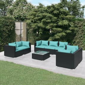 vidaXL 8dílná zahradní sedací souprava s poduškami polyratan [3102272] Barva: Černá a modrá water blue