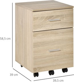 Vinsetto Mobilní kancelářský podstavec skříňka na ukládání s 2 zásuvkami a 5 kolečky, Dřevotříska, 39,5 x 39 x 58,5 cm, Dub