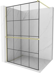 Mexen Kioto+, sprchová zástěna Walk-In s poličkou a věšákem 140 x 200 cm, 8mm čiré sklo černý vzor, ​​zlatý matný profil, 800-140-121-55-77