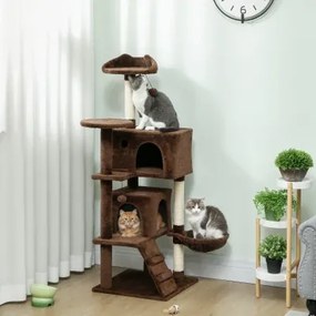 PawHut škrabadlo pro kočky 140 cm s platformami, postelí, 2 jeskyněmi, houpací sítí, žebříkem, sisalovými sloupy, hnědá