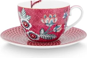 Pip Studio Flower Festival cappuccino šálek s podšálkem 270ml, tmavě růžový (hrnek z tenkostěnného porcelánu)