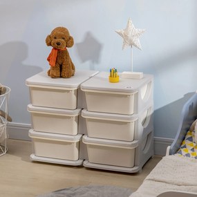 HOMCOM Plastový úložný box, 6 zásuvek, organizér na hračky, malá zásuvková skříňka pro děti, krémově bílá