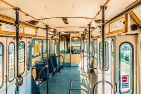 DIMEX | Samolepicí vliesová fototapeta na zeď Interiér retro tramvaje MA-5-2918 | 375 x 250 cm | modrá, béžová, žlutá
