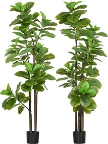 HOMCOM Sada 2 Umělých Rostlin Ficus Lyrata 180cm Vysoké s Květináčem, Velký Umělý Strom pro Dekoraci