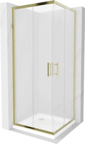 Mexen Rio, čtvercový sprchový kout s posuvnými dveřmi 70 (dveře) x 70 (dveře) x 190 cm, 5mm sklo námraza, zlatý profil + bílá sprchová vanička SLIM, 860-070-070-50-30-4010G