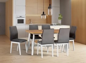 Jídelní sestava DX20 odstín lamina (deska stolu) bílá, odstín dřeva (židle + nohy stolu) dub, potahový materiál látka