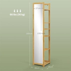HOMCOM Koupelnová sloupová skříň s zrcadlem a 6 policemi v přírodním bambusu, 35D x 35Š x 168V cm