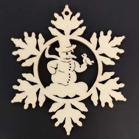 AMADEA Dřevěná ozdoba vločka se sněhulákem 6 cm
