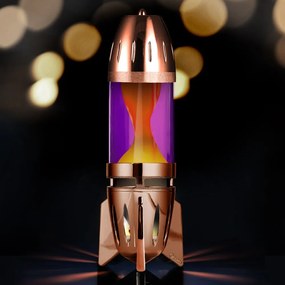 Mathmos Fireflow R1 Copper, originální lávová lampa měděná s fialovou tekutinou a oranžovou lávou, pro čajovou svíčku, výška 24cm